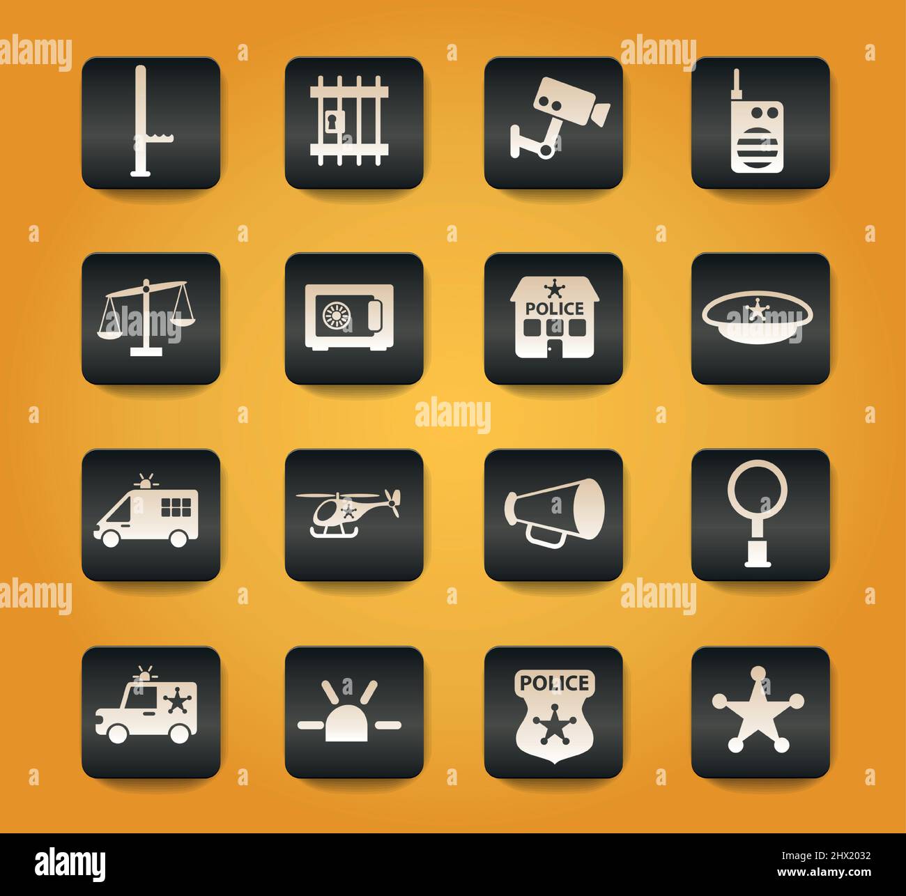 police department symbols on black buttons on yellow background Stock ...