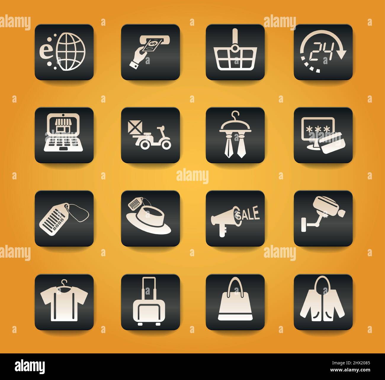 shopping and e-commerce symbols on black buttons on yellow background ...