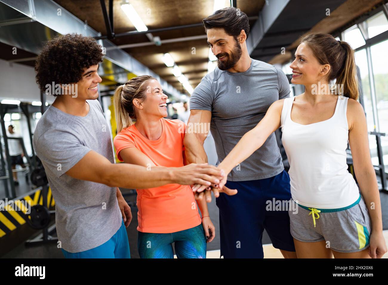 Portrait of happy fit people, friends exercising in gym together. Sport ...