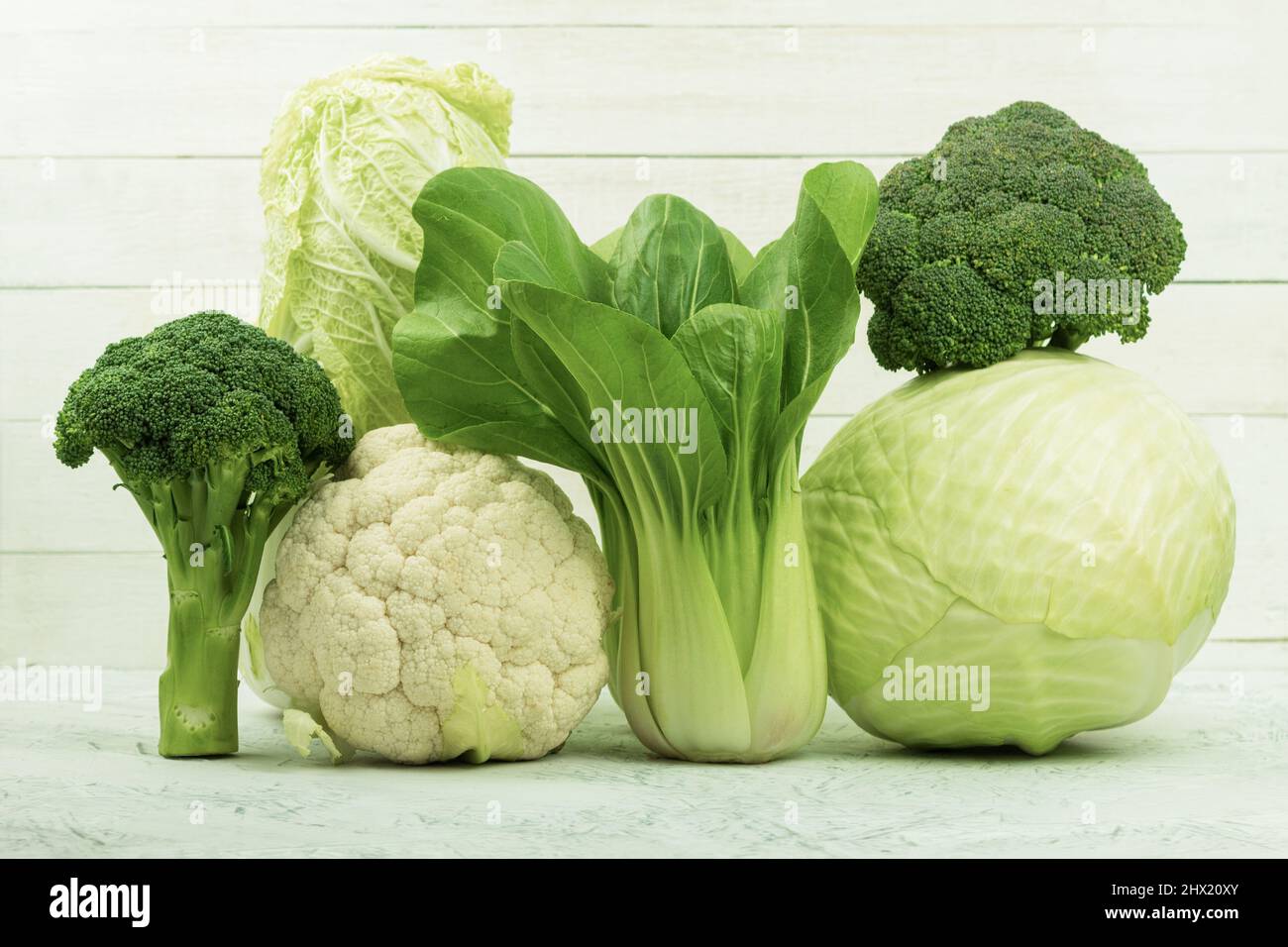 Assortment of different varieties of cabbage cabbage. Background with ...