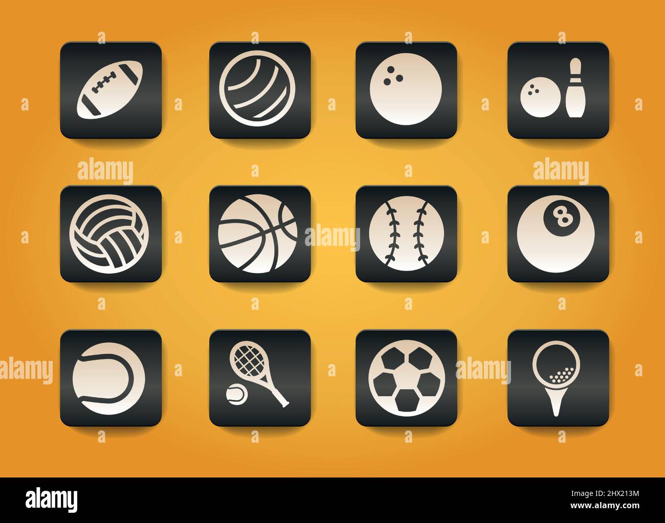 sport balls symbols on black buttons on yellow background Stock Vector ...