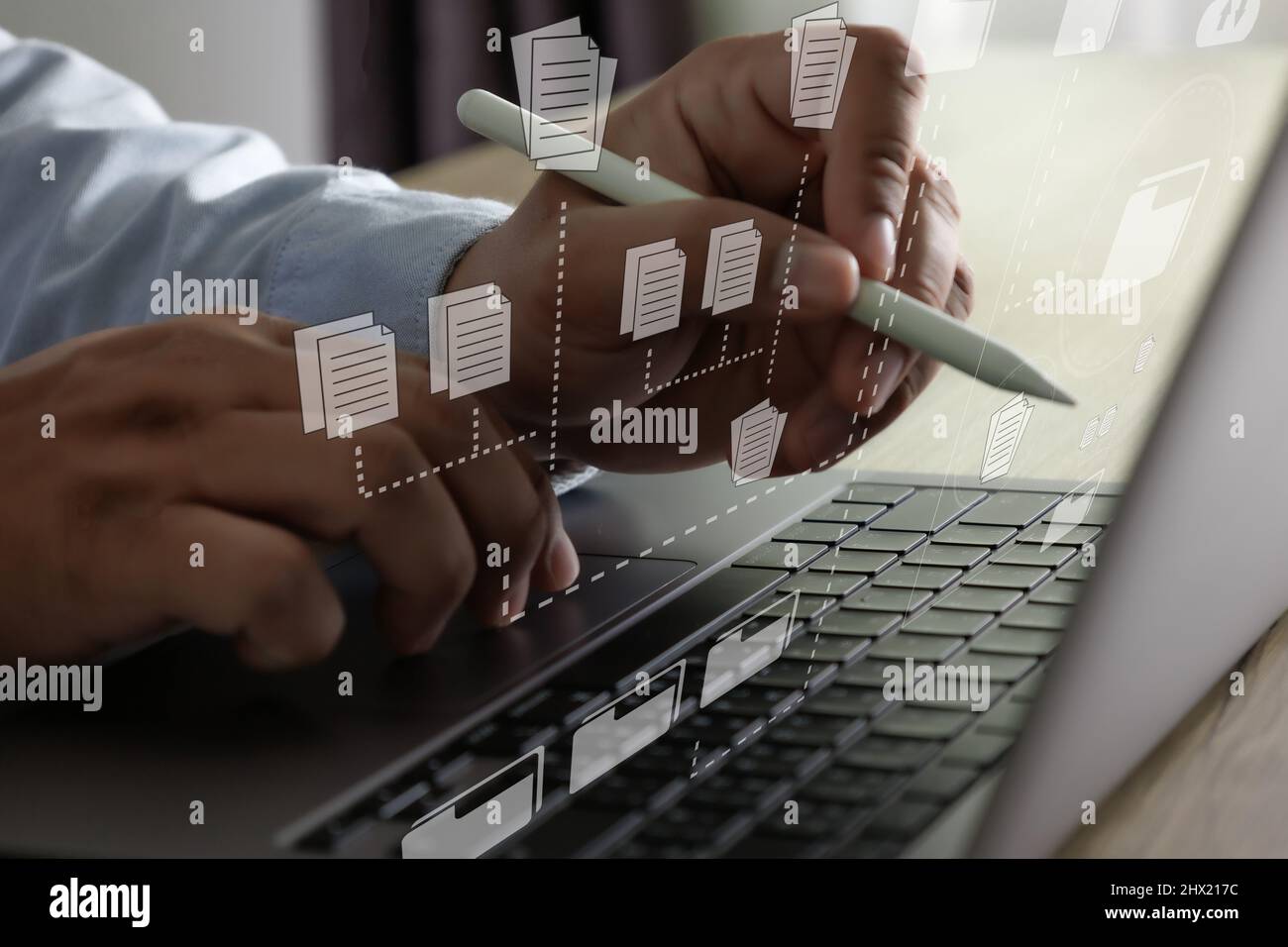 Businessman working reading documents graph financial to job succes Analyze online documentation ...