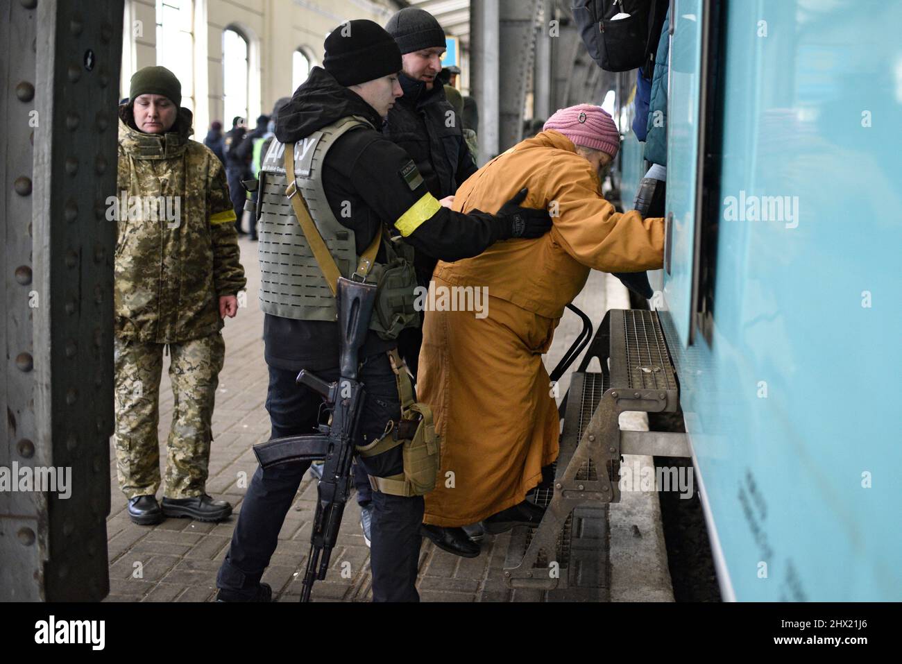 LVIV, UKRAINE - FEBRUARY 28, 2022 - An armed State Border Guard Service ...