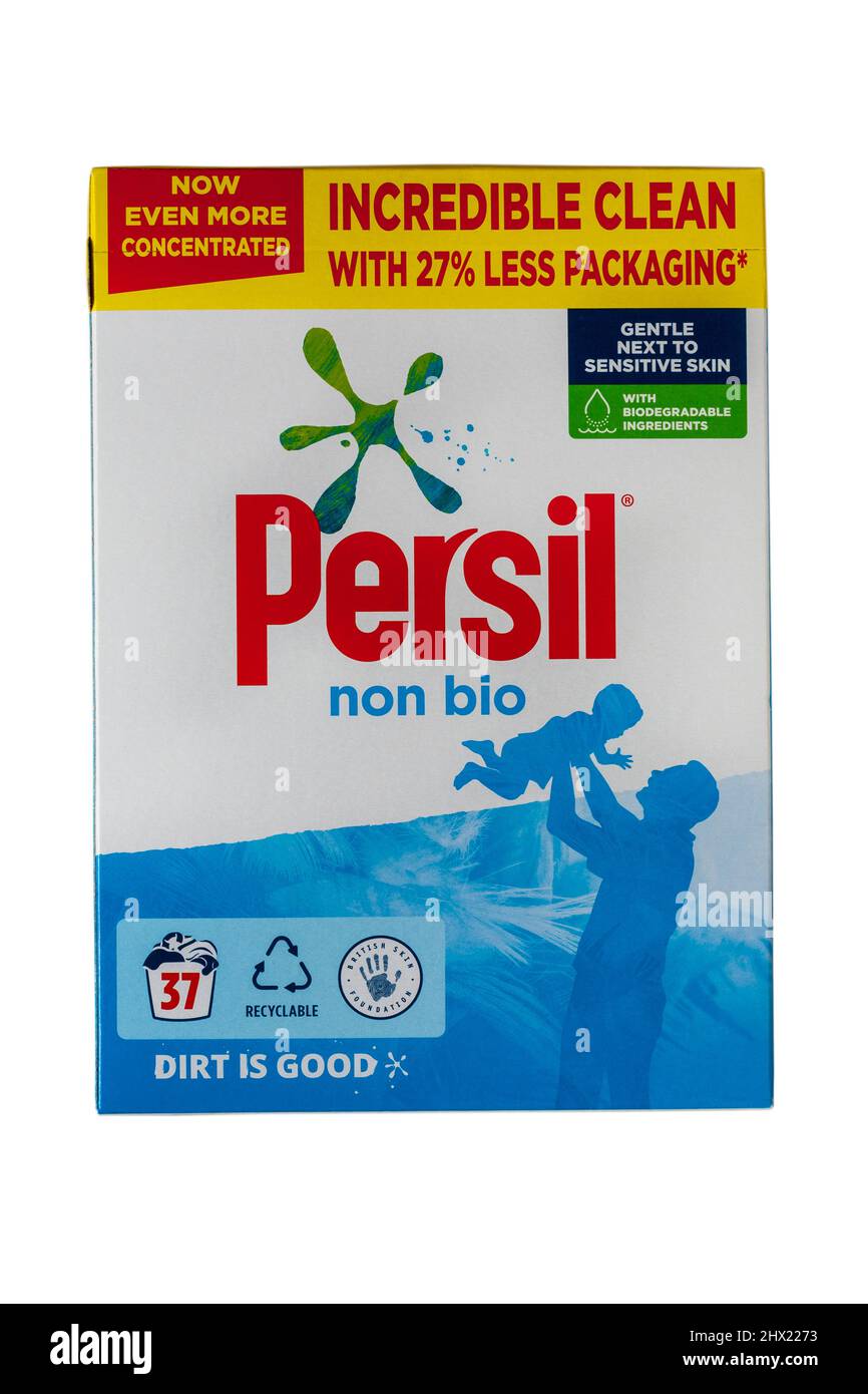 box of Persil non bio washing powder now even more concentrated ...