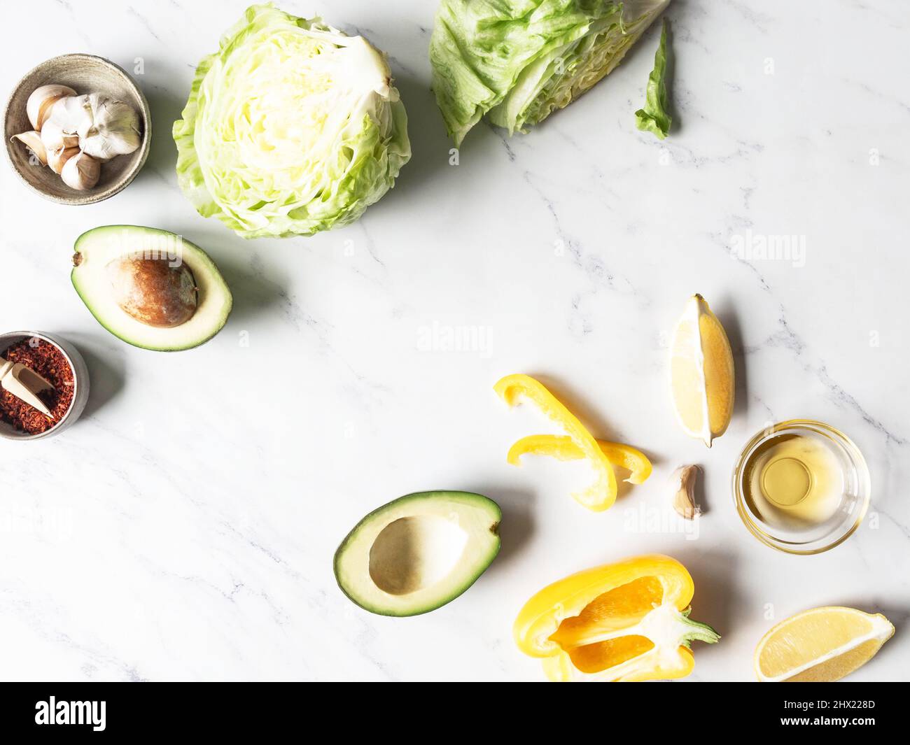 Flat lay cooking at home concept with fresh healthy vegetables chopped ...