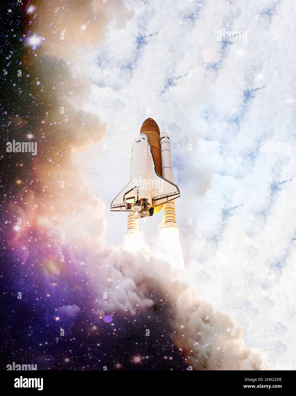 Spaceship in deep space. View on space shuttle and milky way. Elements ...