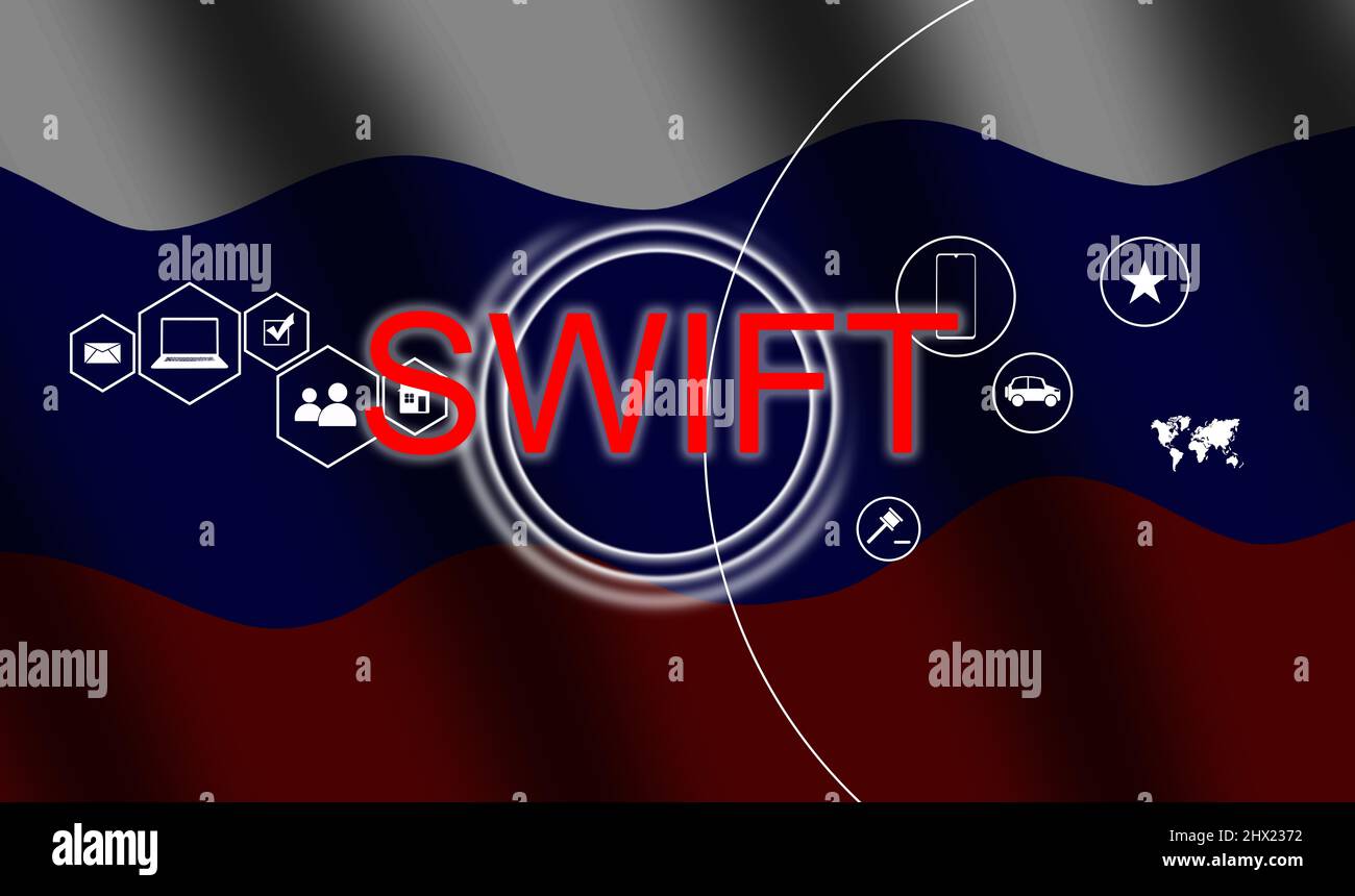 SWIFT financial system logo on screen behind barbed wire on background ...