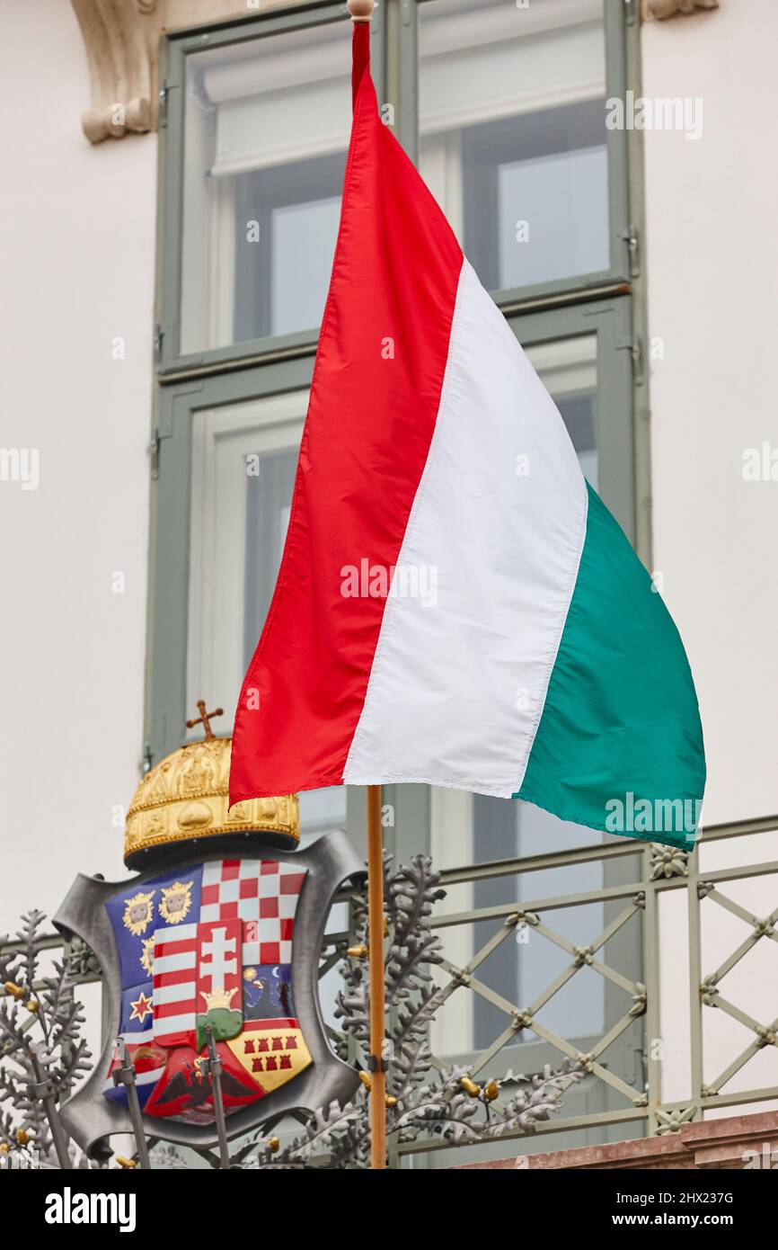 Hungarian flag and shield. Patriotic heraldic symbol. European nation ...