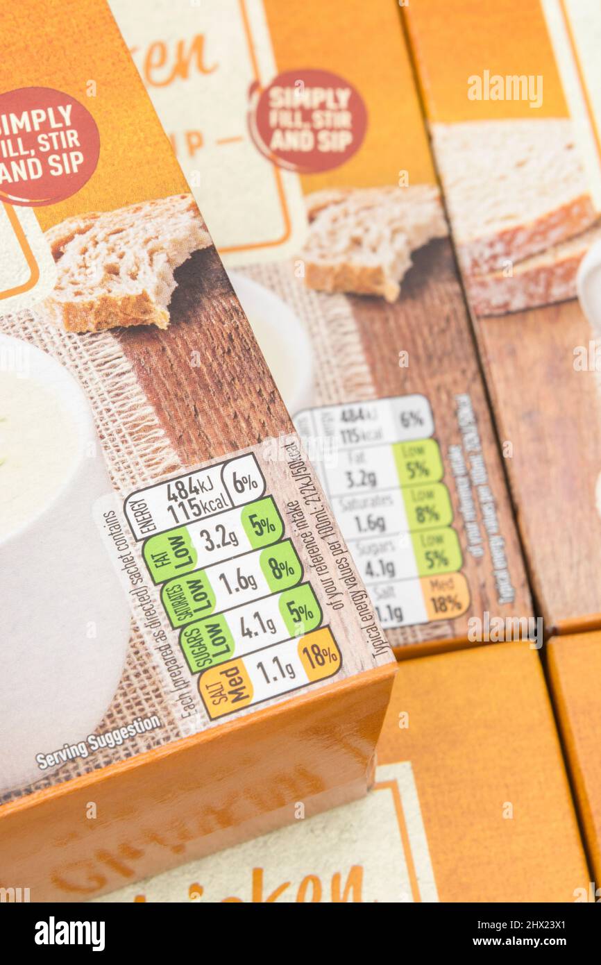 Close-up shot food nutrition / dietary traffic light label on packet of ...