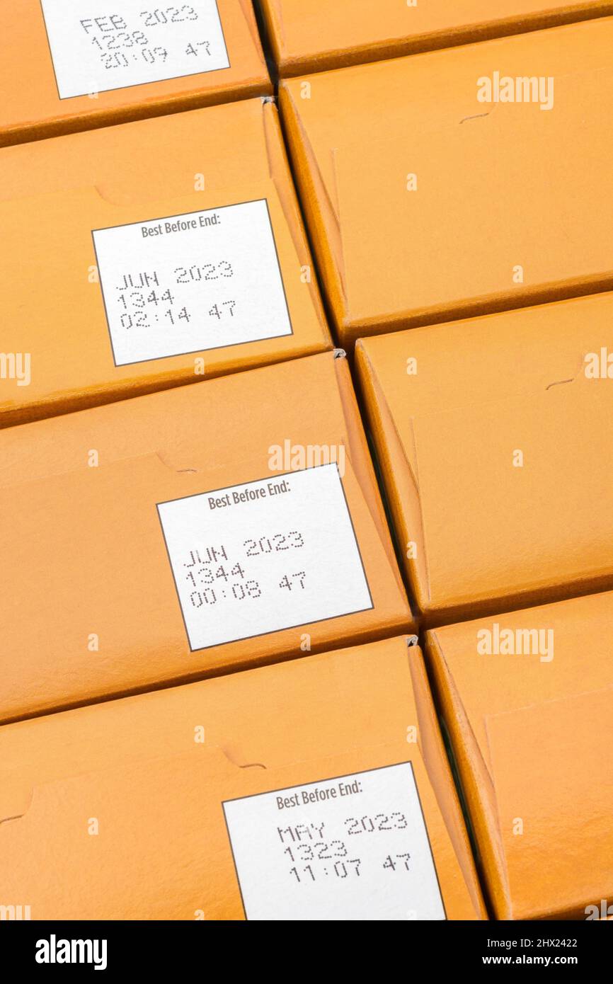 Close shot of food Best Before End date / BBE on cardboard boxes of ...