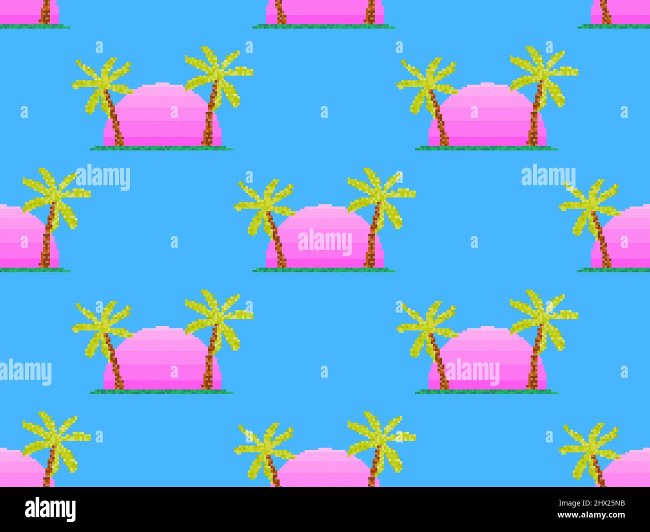 Seamless pattern with pixel palm trees at sunrise in 80s style. 8-bit ...
