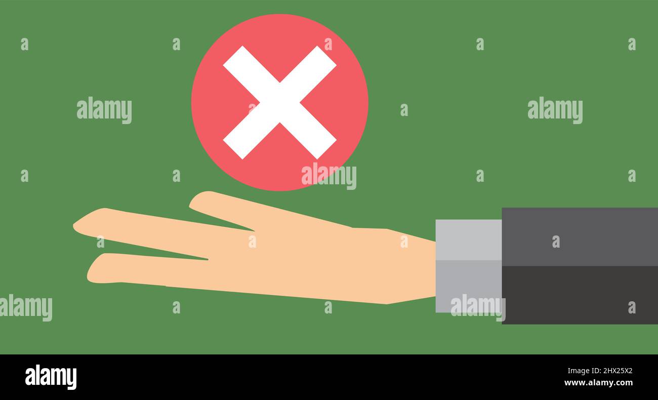 Prohibition and warning. Cross mark and male hand indicate a problem or ...