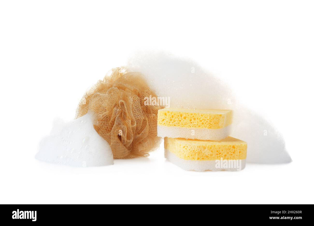 Different bath sponges and foam on white background Stock Photo - Alamy