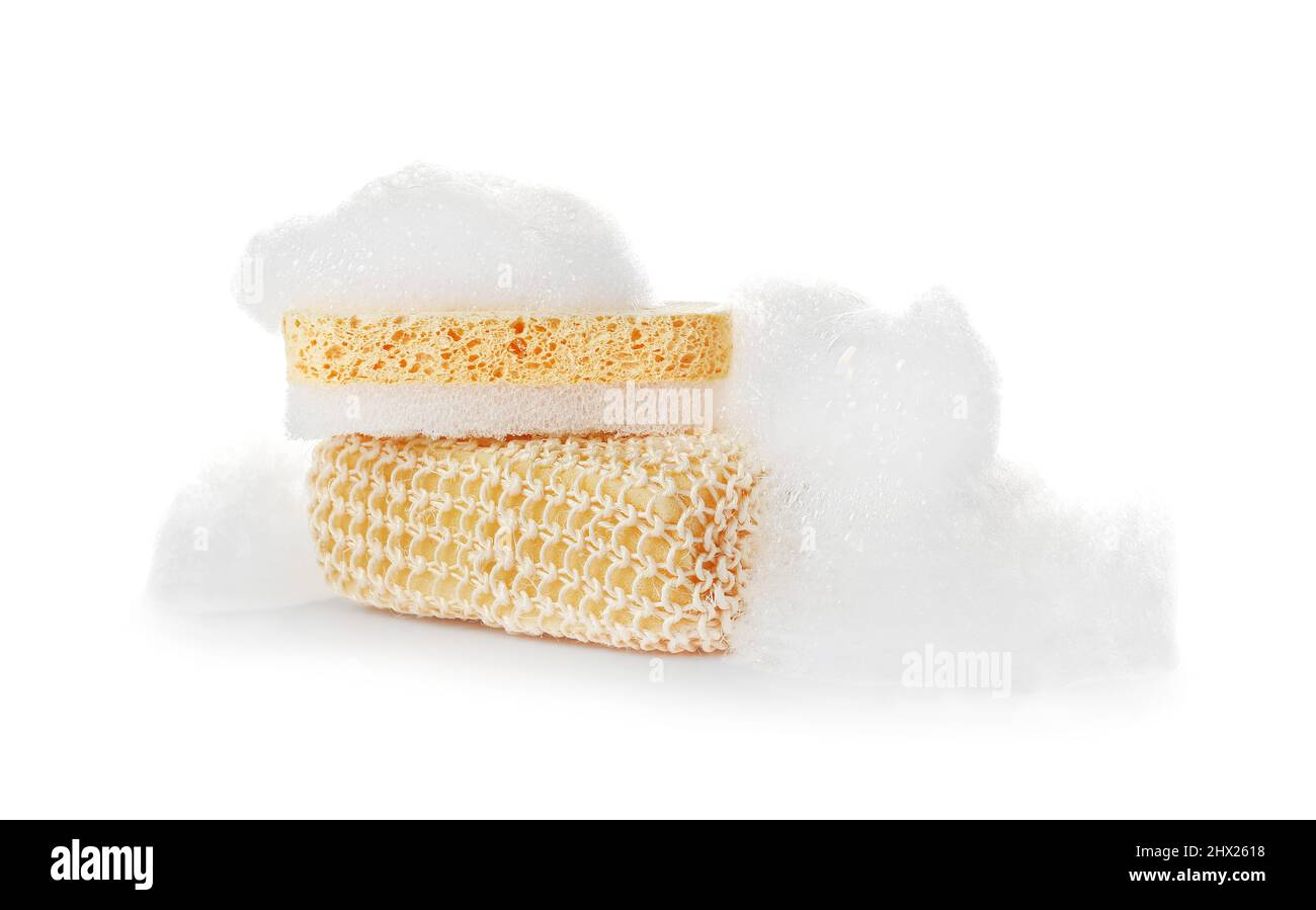 Soapy sponges with foam on white background Stock Photo - Alamy