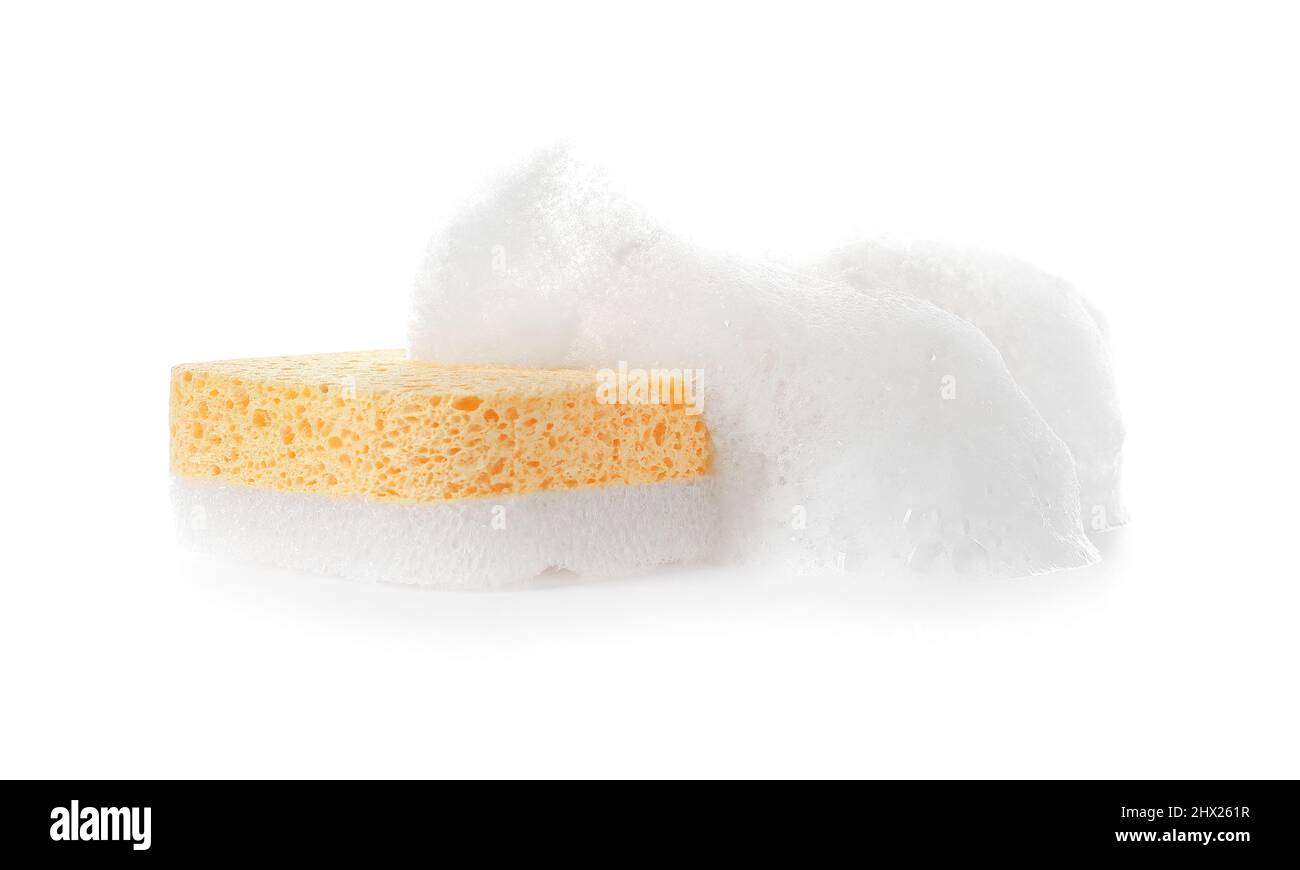Yellow bath sponge with foam on white background Stock Photo - Alamy