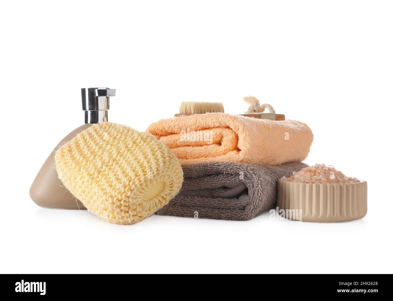 Set of bath supplies with sponge on white background Stock Photo - Alamy