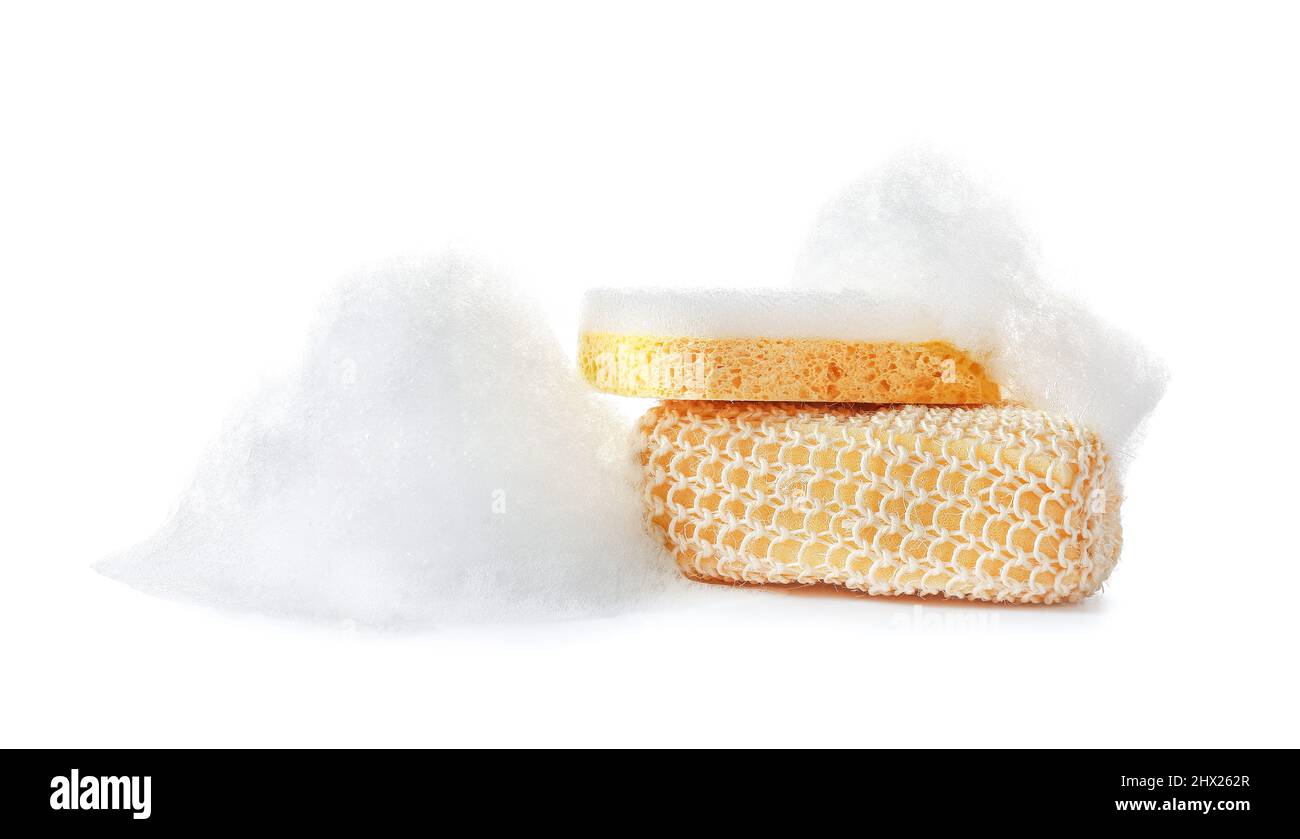 Soapy sponges with foam isolated on white background Stock Photo - Alamy