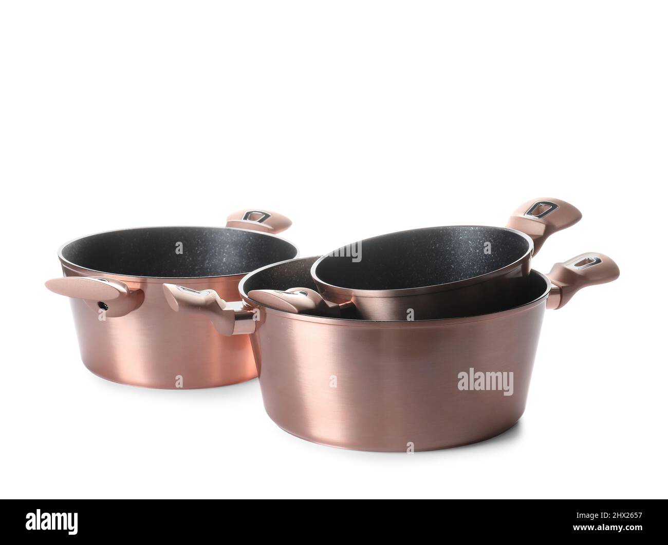 New cooking pots on white background Stock Photo - Alamy