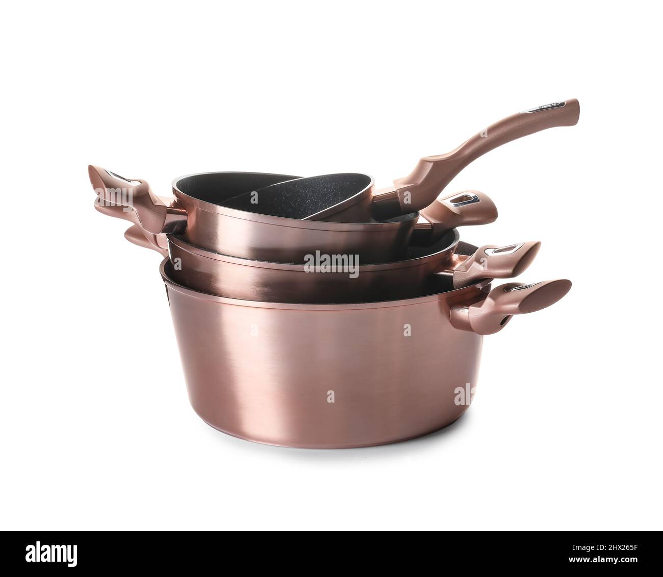 Set of new cooking pots on white background Stock Photo - Alamy