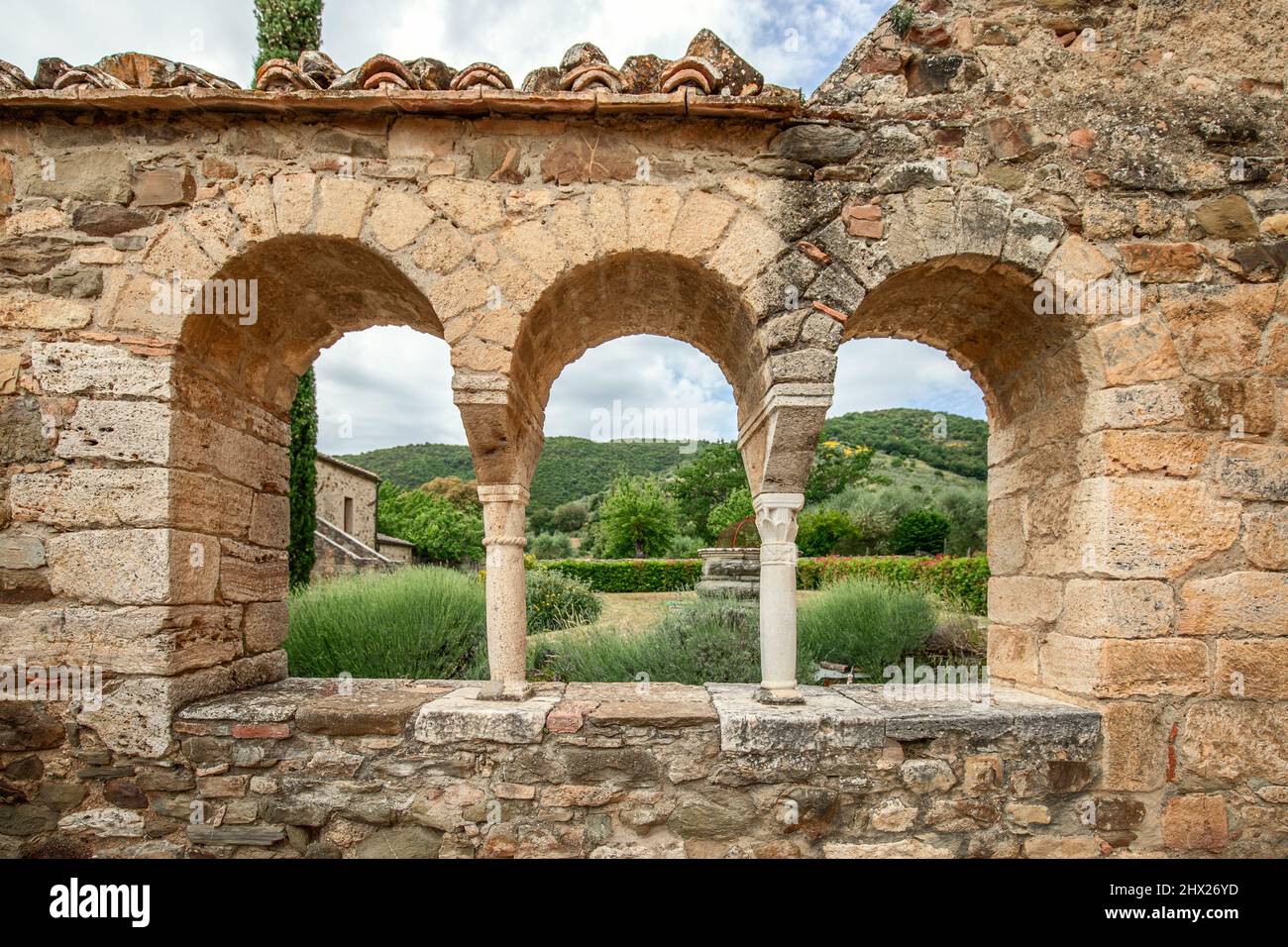 View through the well preserved Renaissance arched windows of the ...