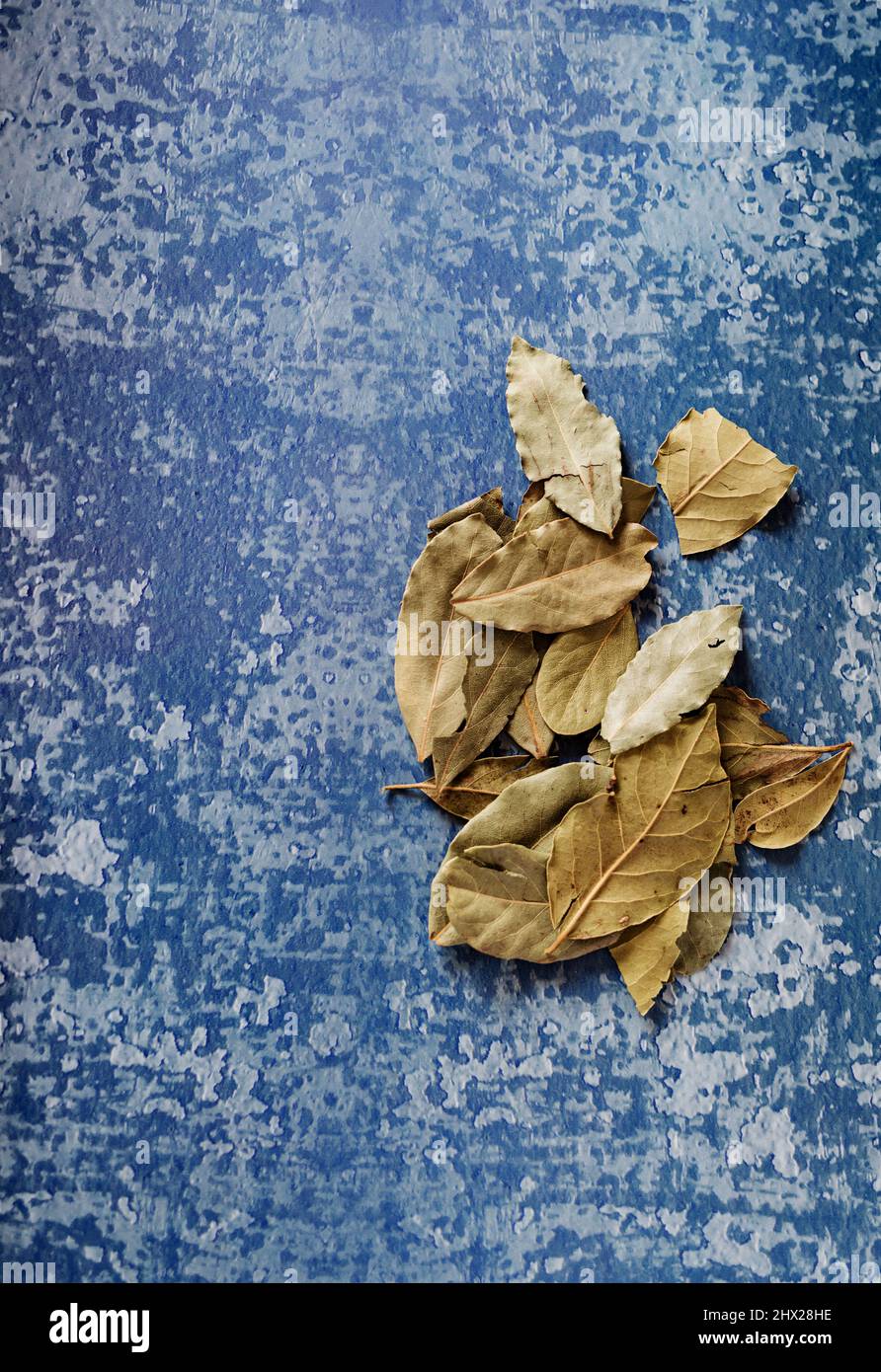 bay leaves on blue background. vegetables Stock Photo - Alamy