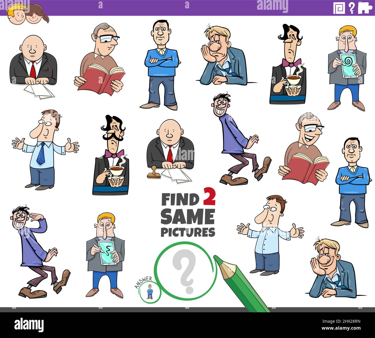 Cartoon illustration of finding two same pictures educational game with ...