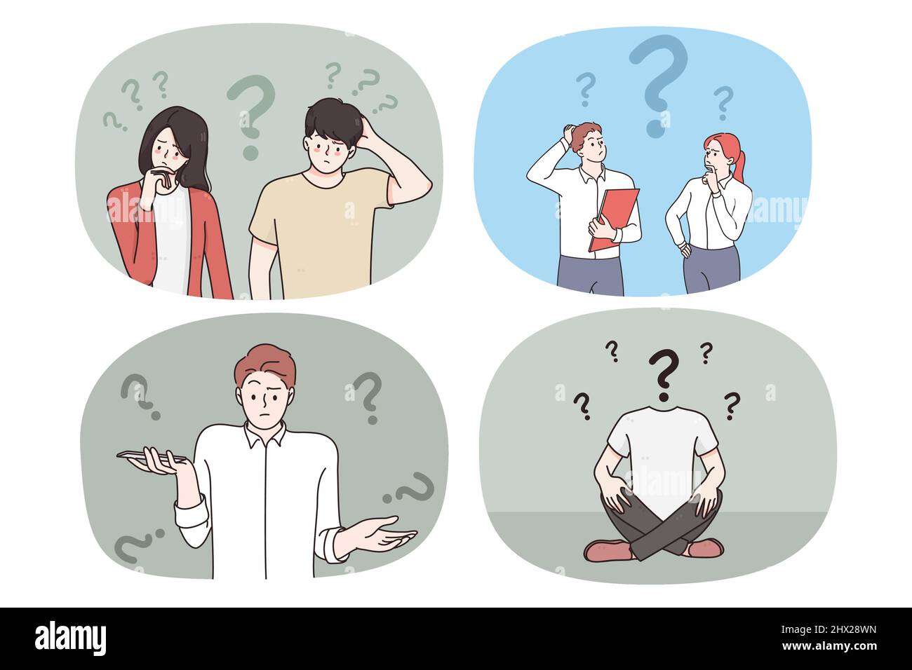 Set Of Pensive Diverse People With Question Marks Think Over Problem