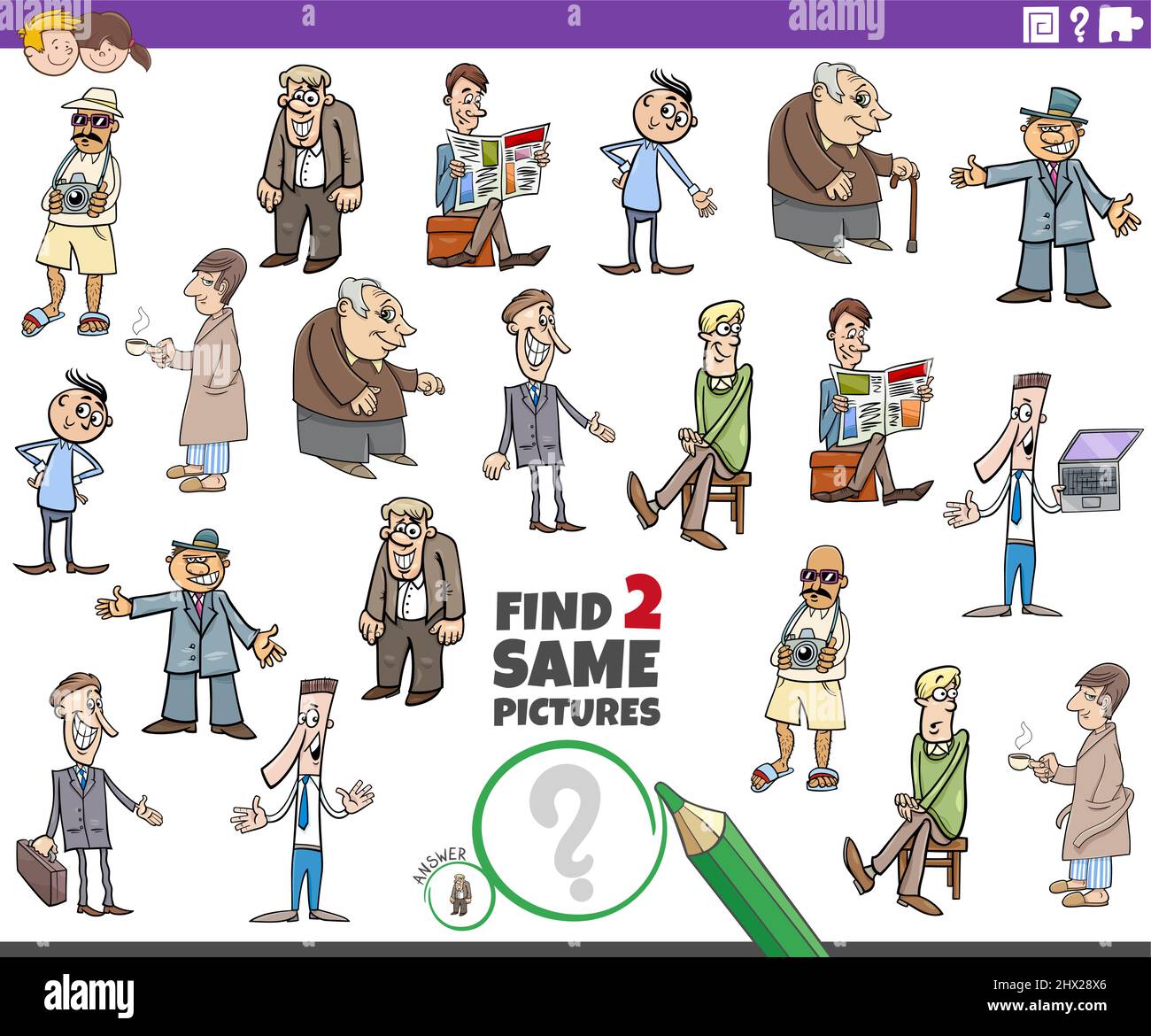 Cartoon illustration of finding two same pictures educational game with ...