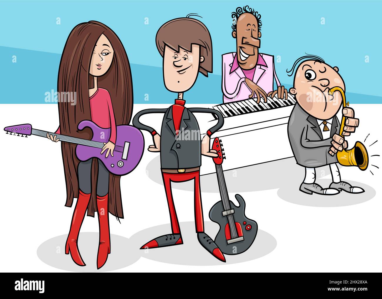Cartoon illustration of girl and guy with guitars and musical band ...