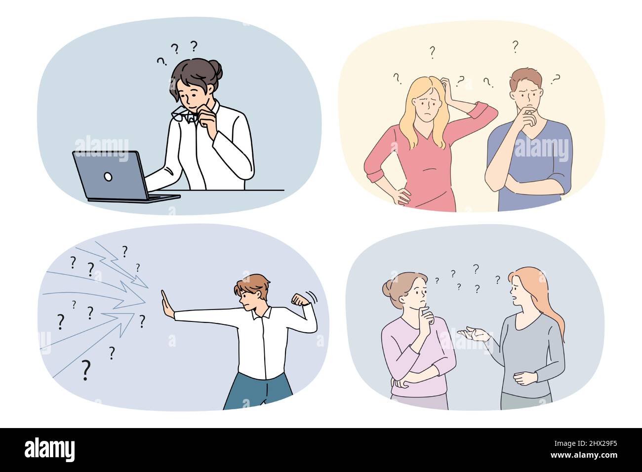 Set of diverse people with question marks feel confused with problems ...