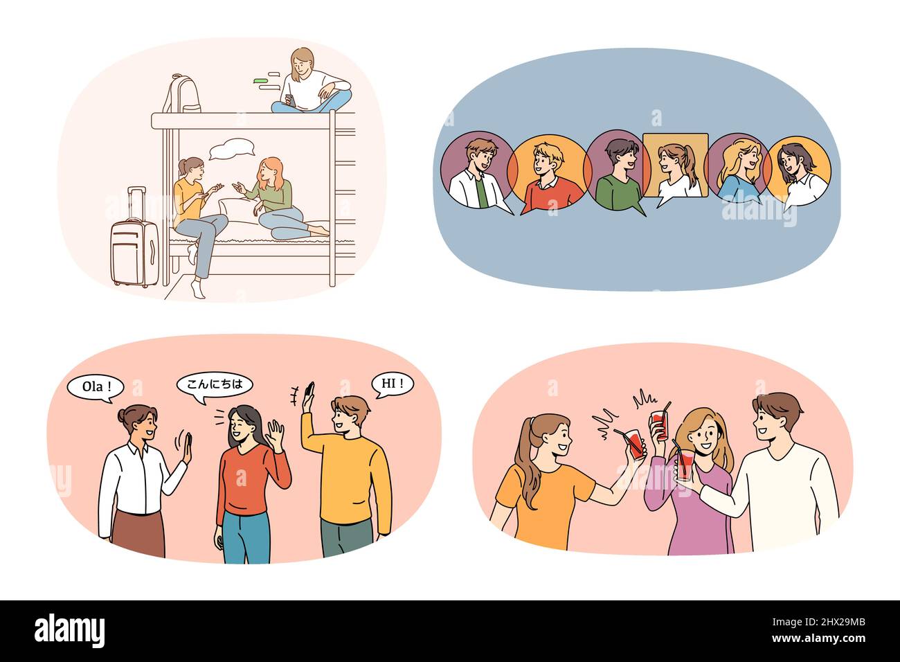 Set of happy young people students communicate relax together ...