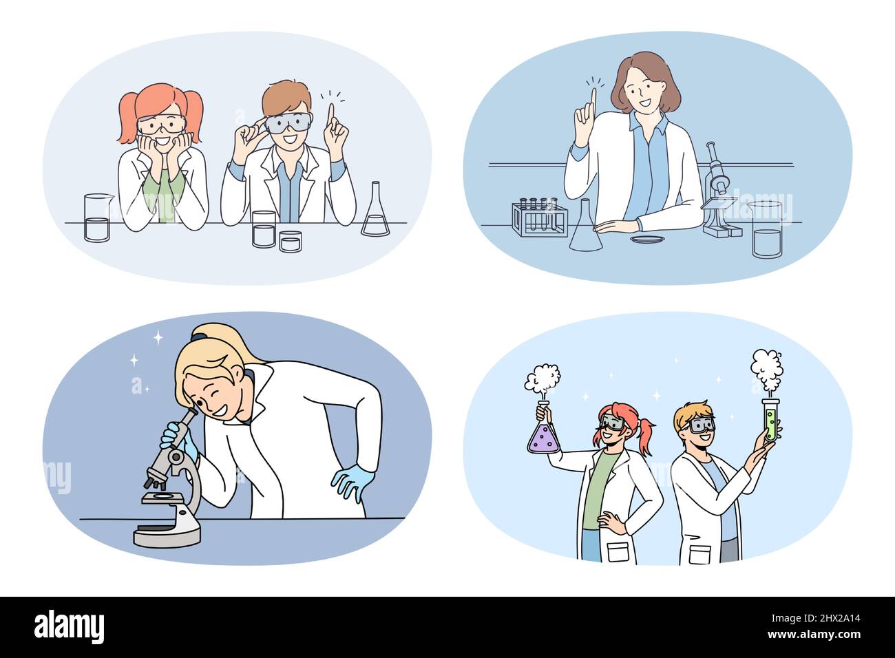 Set of people scientist work make experiments with test tubes in ...