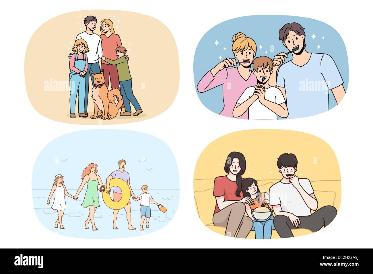 Set of happy young family with children enjoy everyday life activities ...