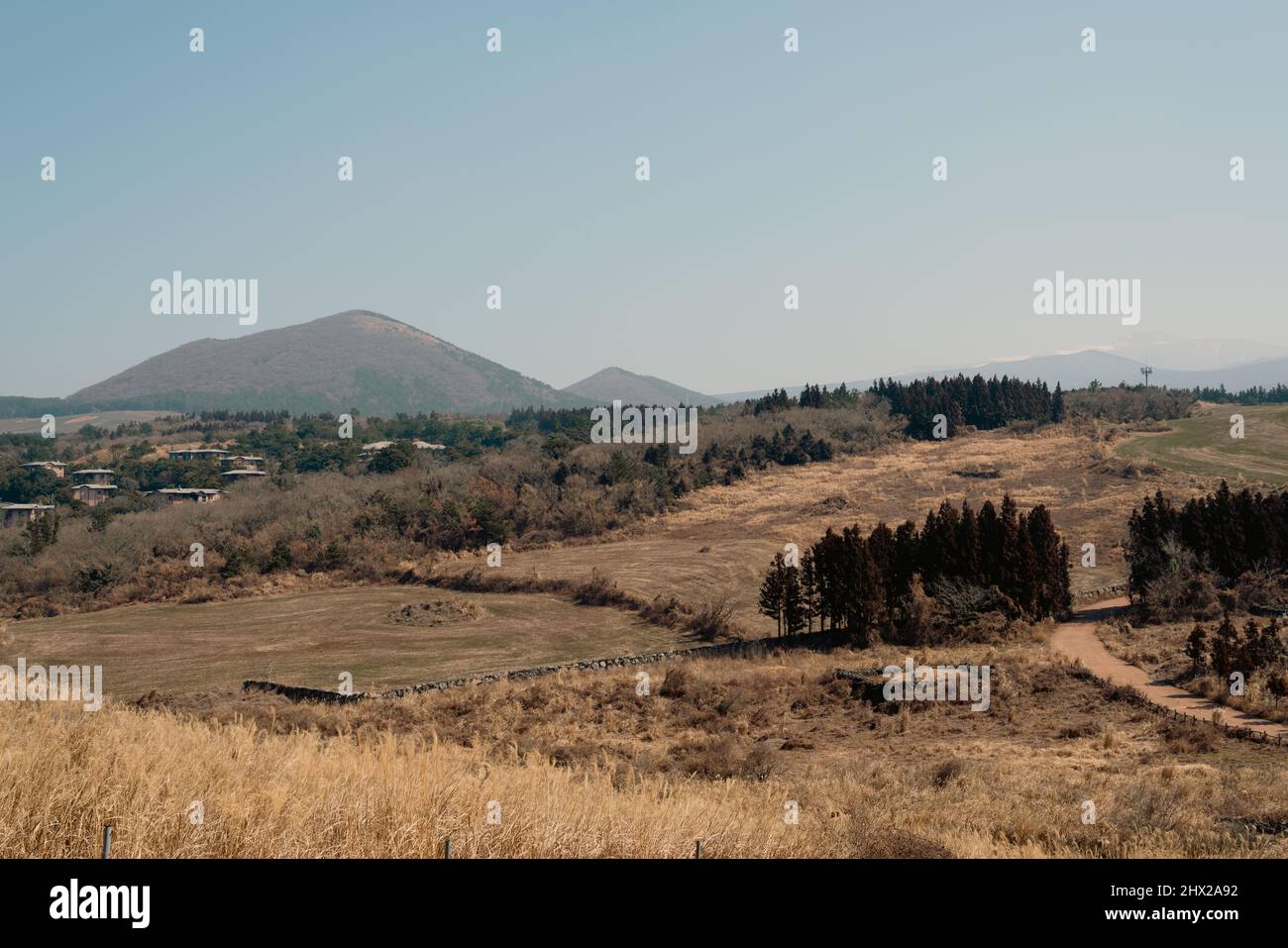 View of Volcanic Cone mountain from Saebyeol Oreum at winter in Jeju ...