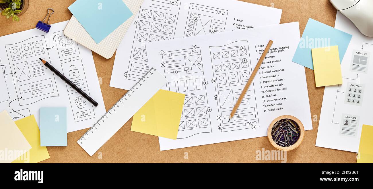 Web design concept banner. User experience designer desk with numerous ...