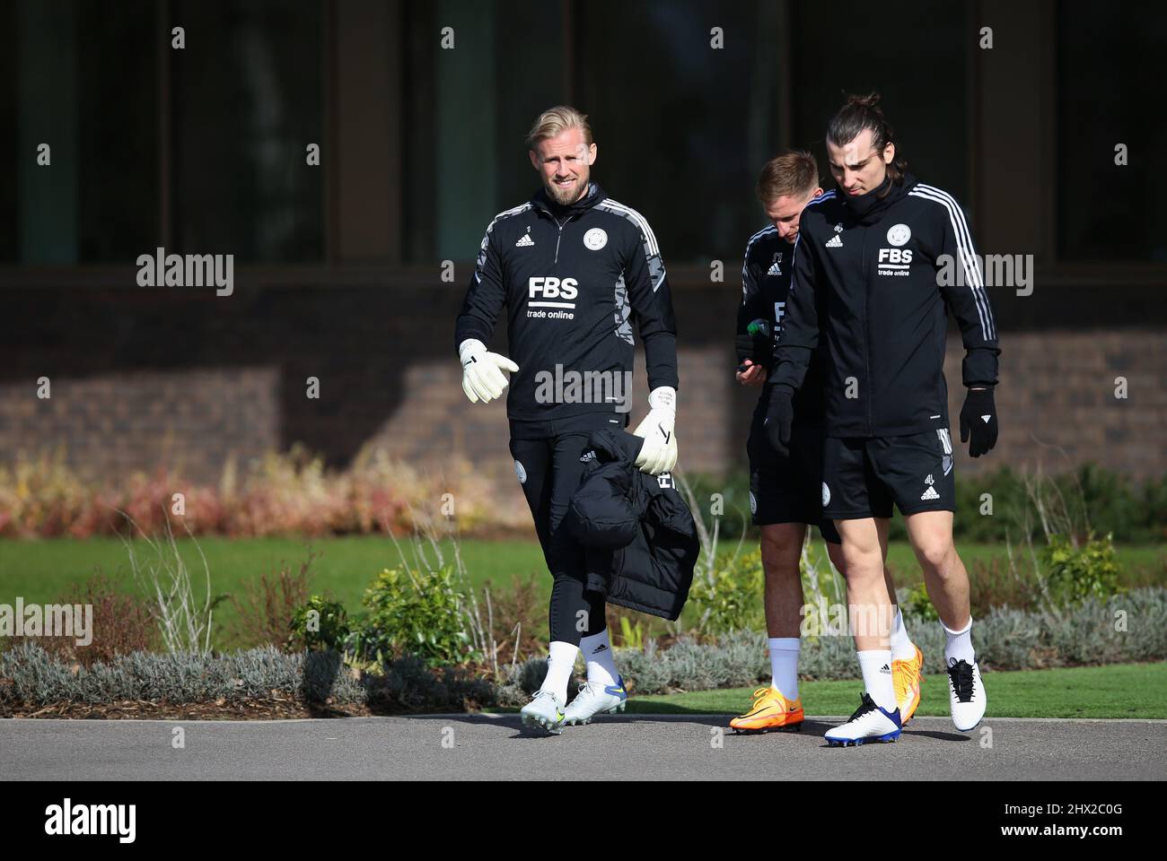 Leicester City goalkeeper Kasper Schmeichel (left), Marc Albrighton ...