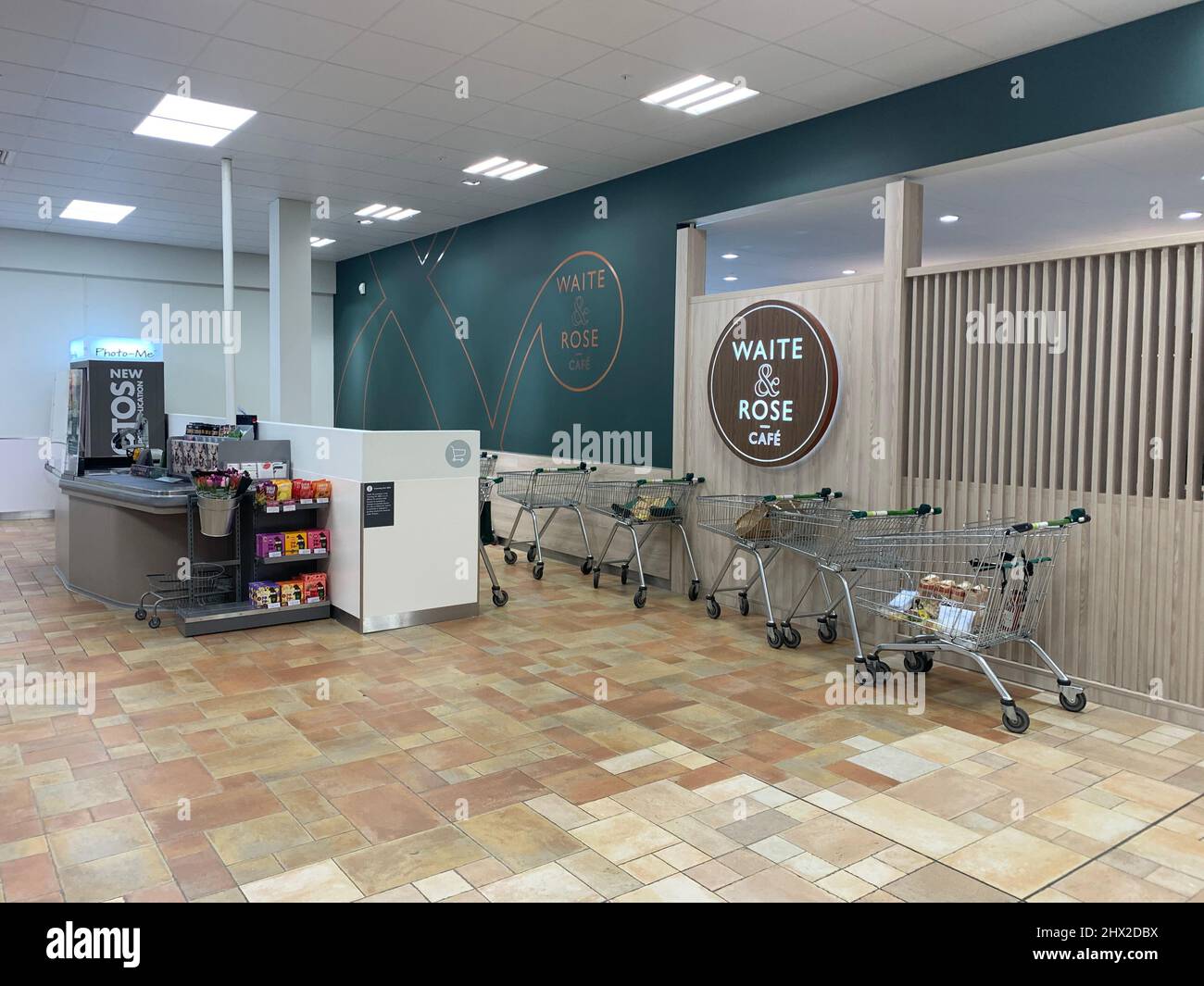 Trolleys trolley at Waitrose Rushden Lakes Northamptonshire UK checkout ...