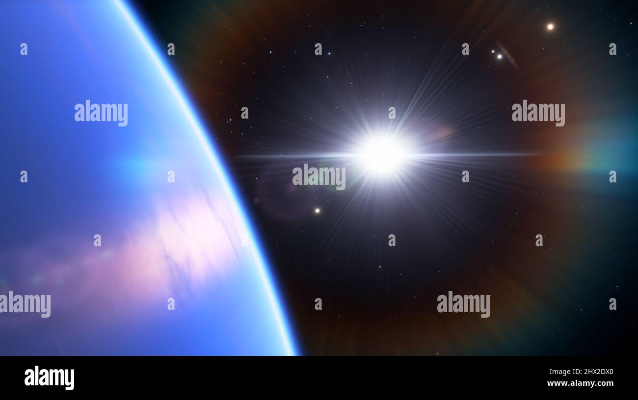 Sunrise from behind blue planet. Fantastic scientific landscape of ...