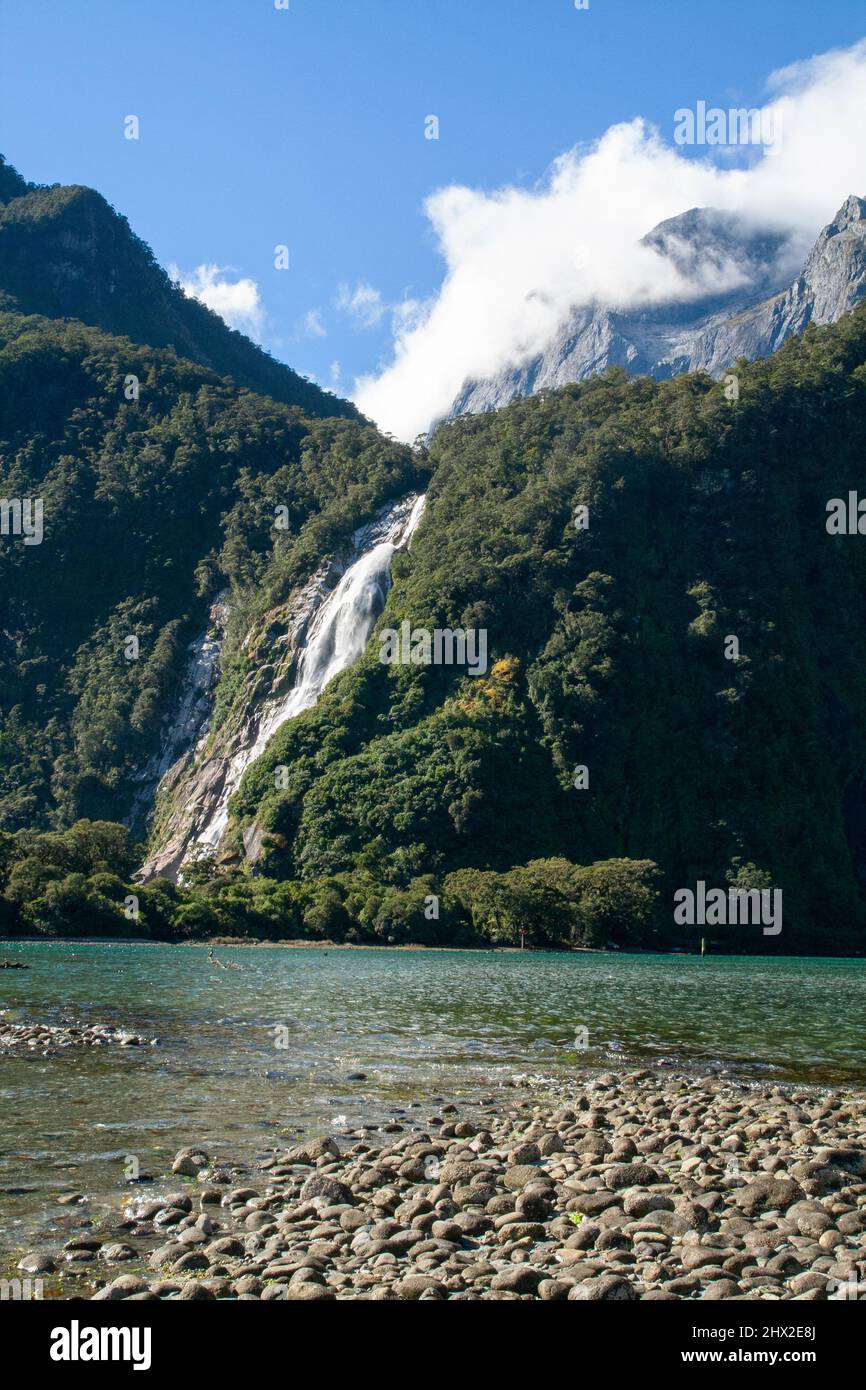 Bowen Falls tallest permanent New Zealand waterfalls Milford Sound ...