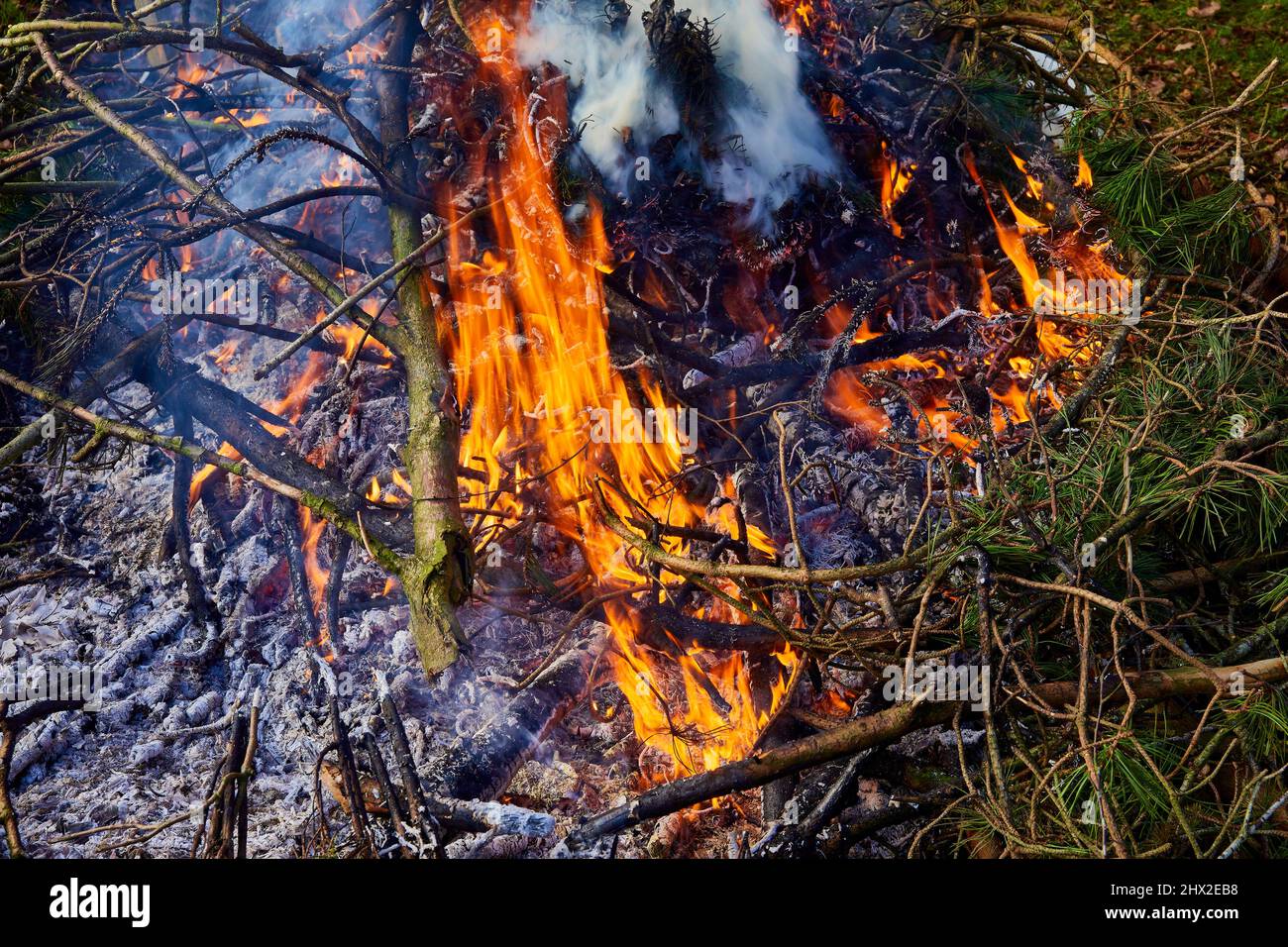 Bonfire clearing up after storm damage rubbish Stock Photo - Alamy