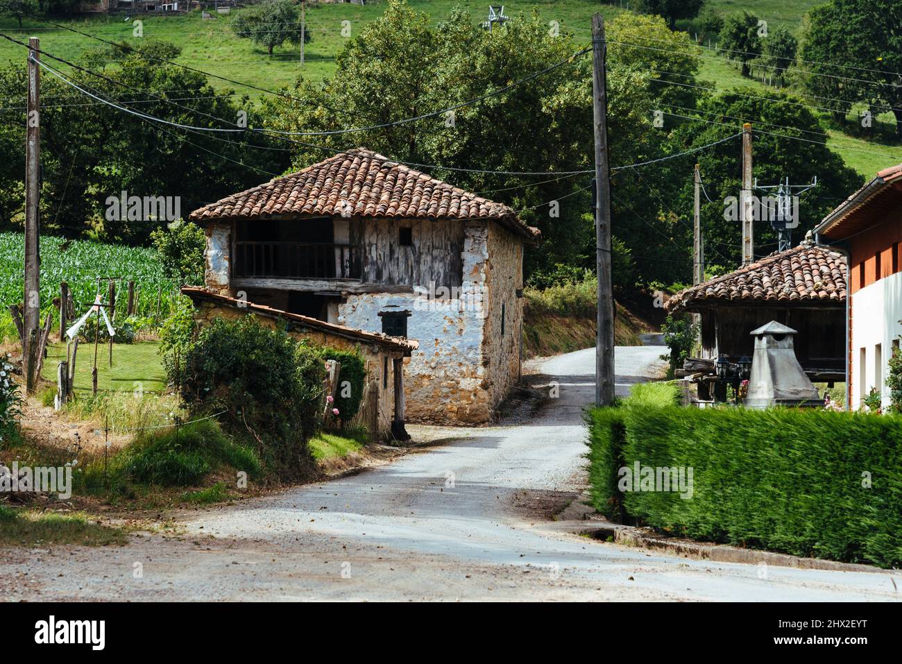 Traditional farm buildings in the valley in Asturias, Spain Stock Photo ...