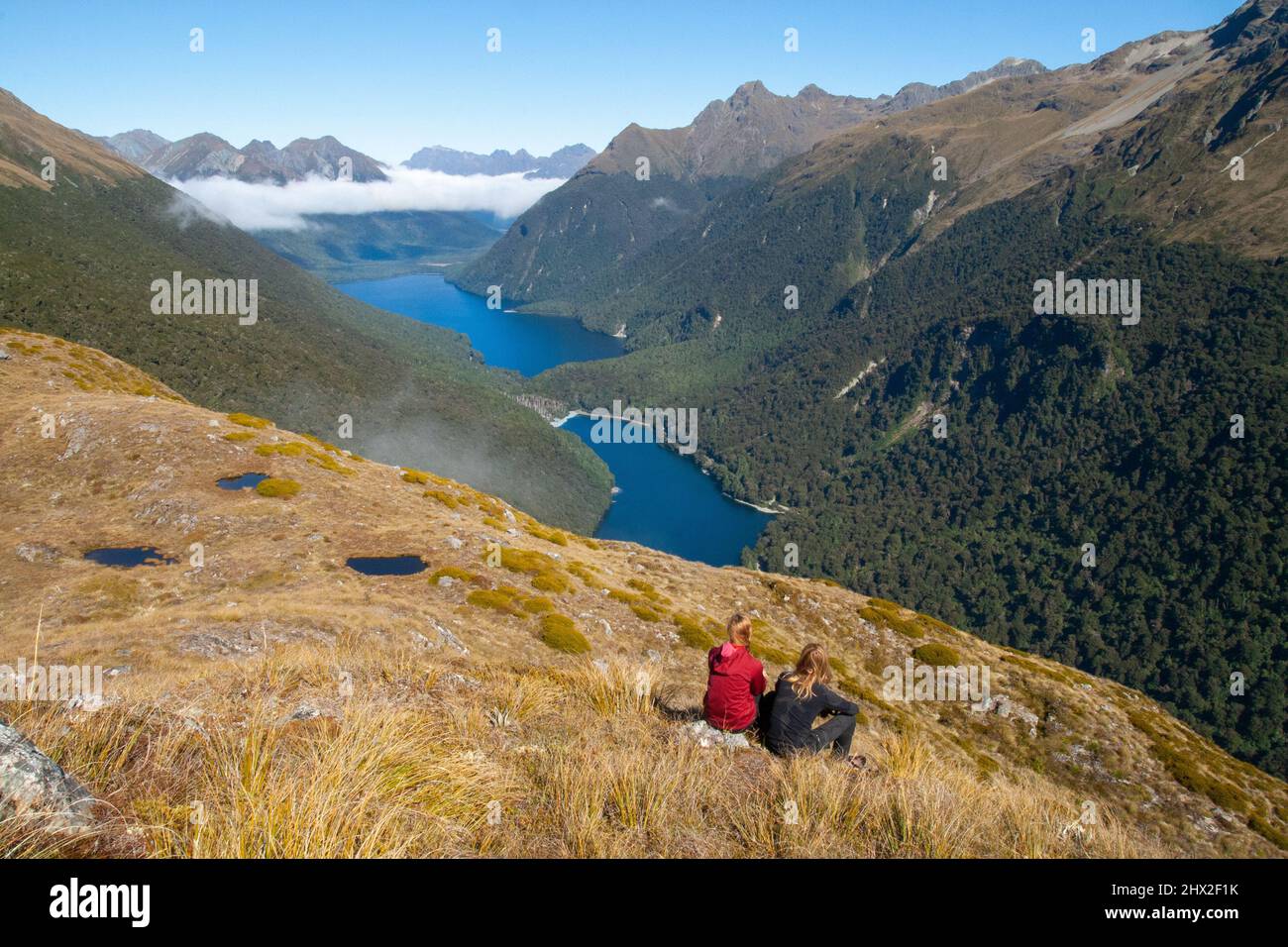 Hiking couple admiring scenic view of lakes Fergus, Lake Gunn and ...