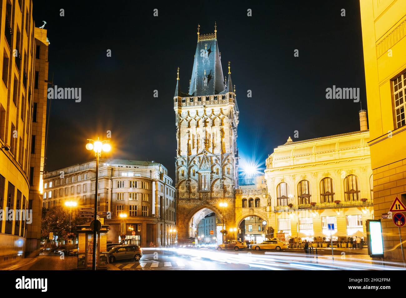 Night View Of The Powder Tower Or Powder Gate. This Landmark Is A Gothic Tower In Prague, Czech ...