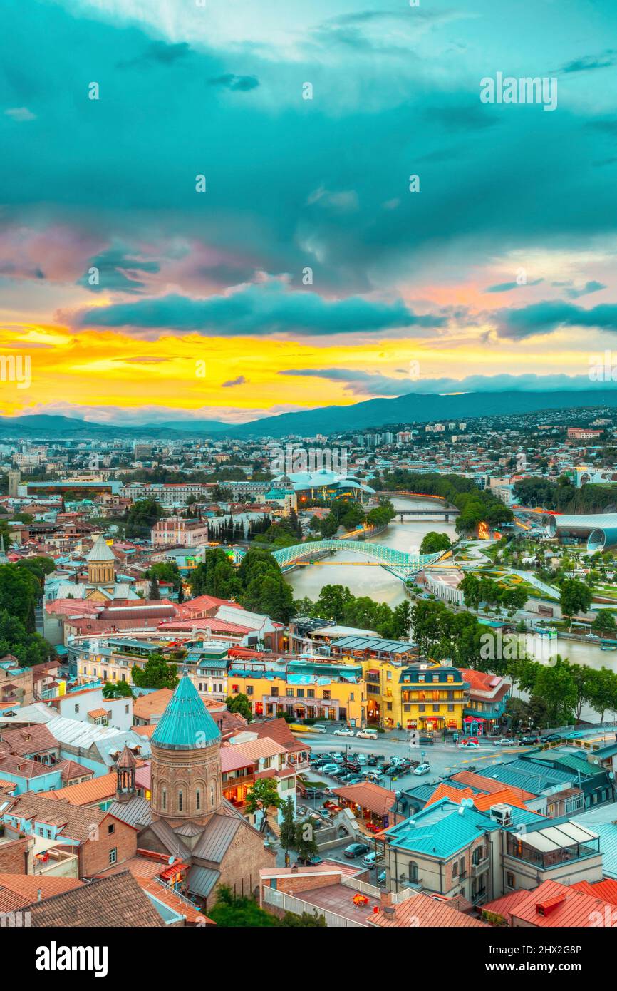The Top View Of Old Colorful Town And Kura Mtkvari River Under Bridges ...
