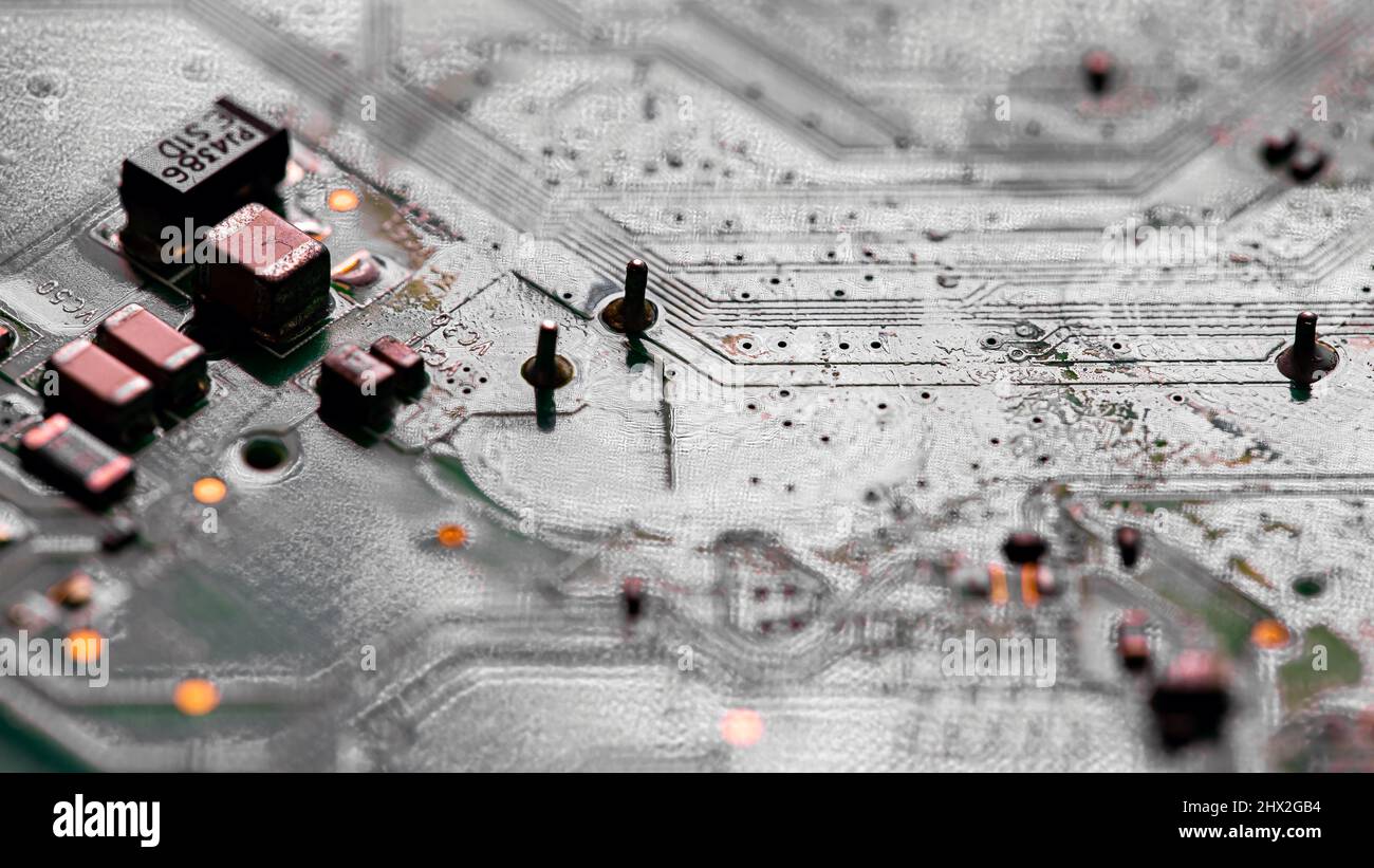 Macro Close up of printed wiring on PC circuit board of modem router ...