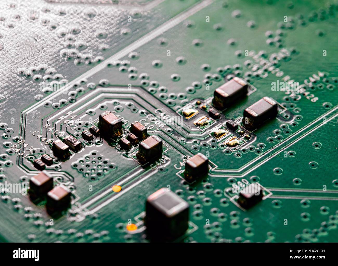 Macro Close up of printed wiring on PC circuit board of modem router ...
