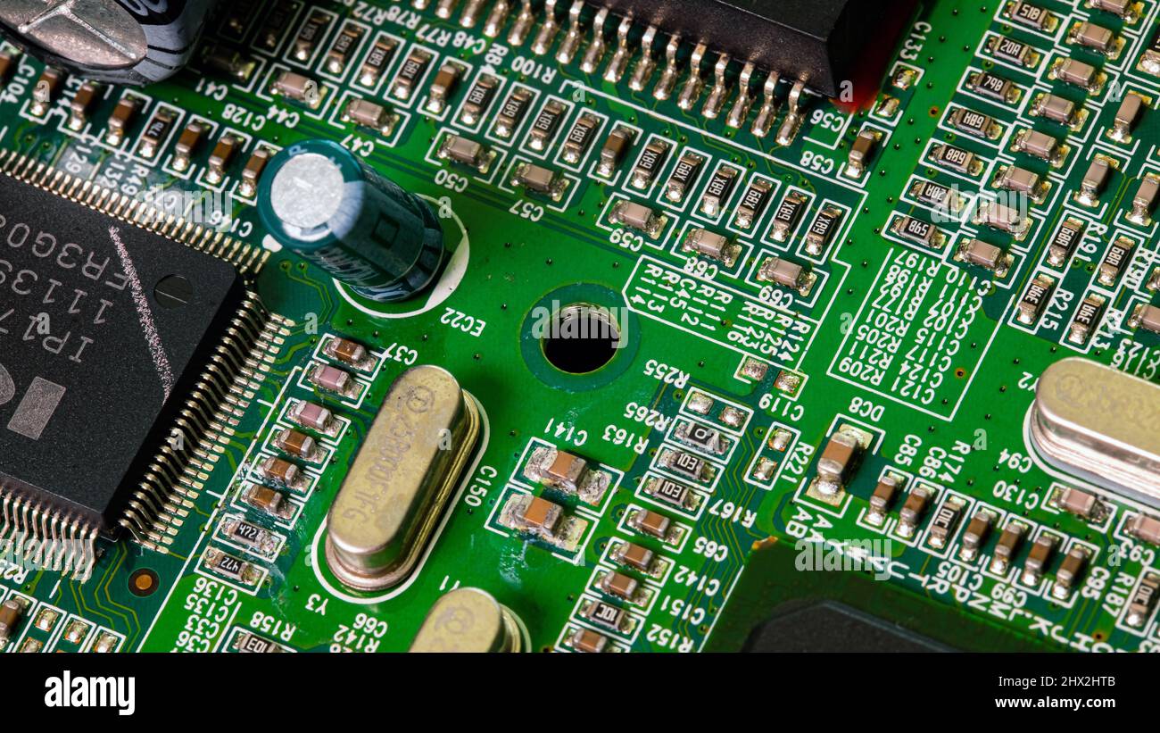 Macro Close up of components and microchips on PC circuit board of ...