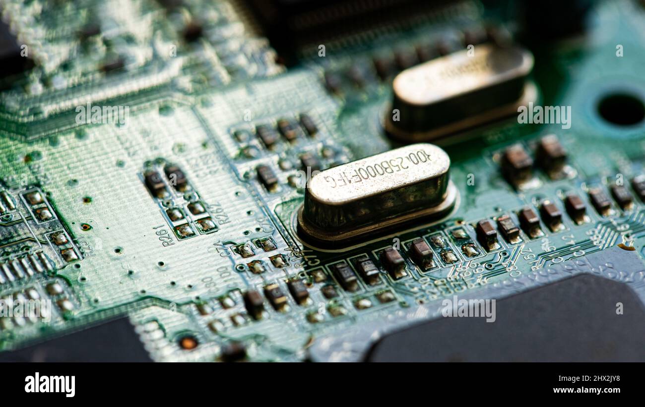 Macro Close up of components and microchips on PC circuit board of ...