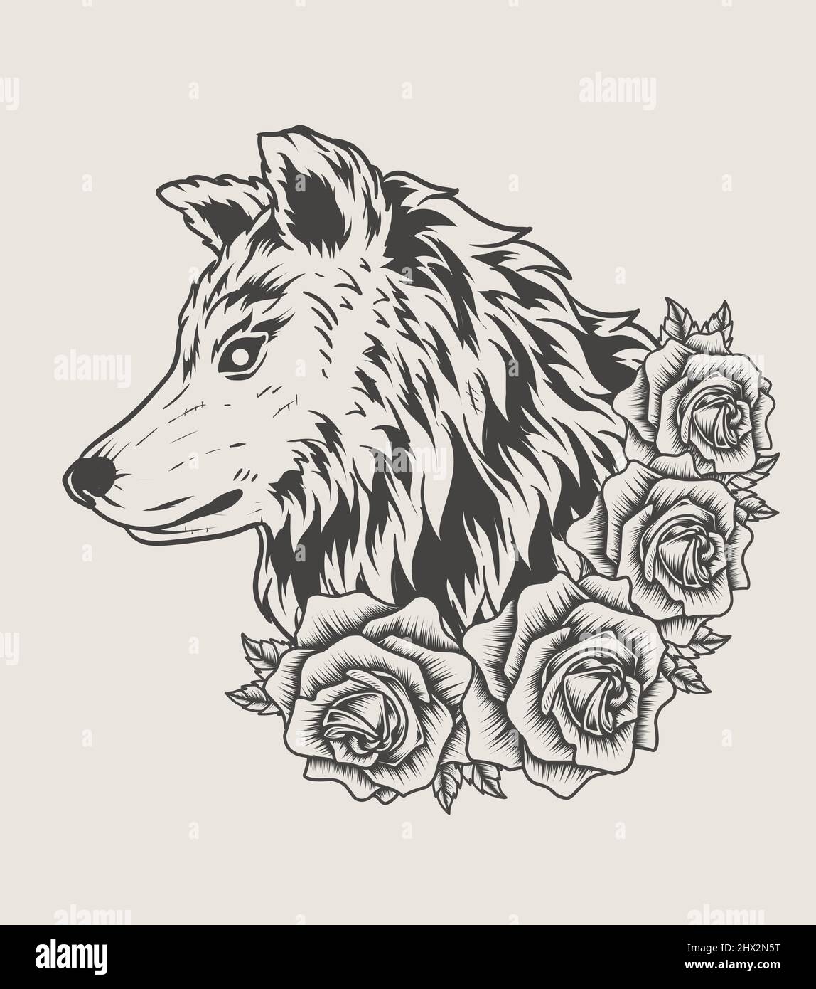 illustration wolf head with rose flower monochrome style Stock Vector ...