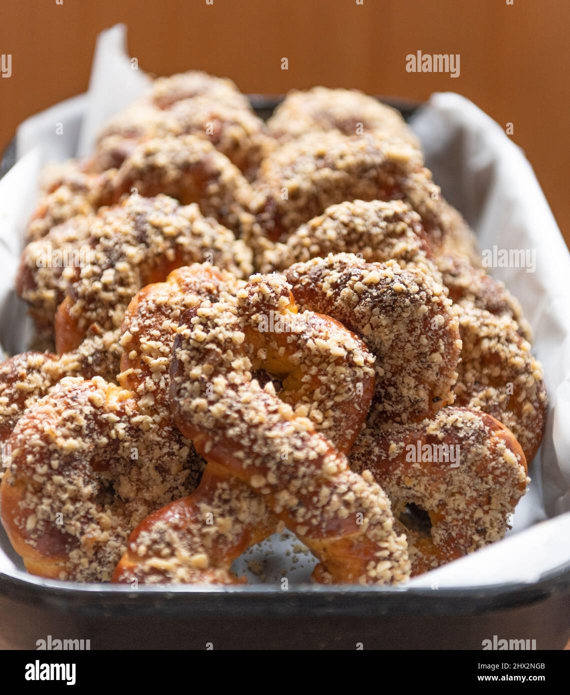 Stack of sweet pastry with honey and nuts. Romanian traditional pastry ...